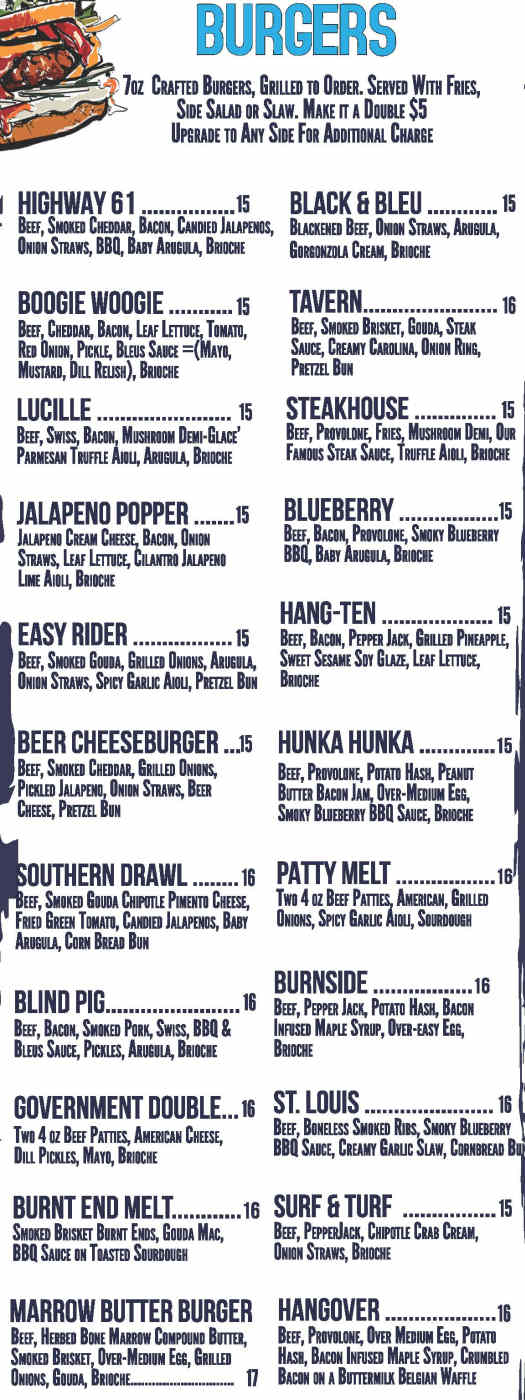 Bleus Burger Menu, Gulf Shores, AL