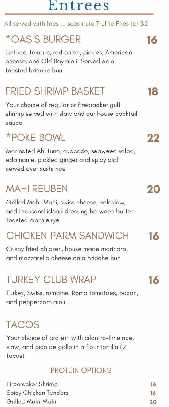 Oasis Beachside Menu, Orange Beach, AL