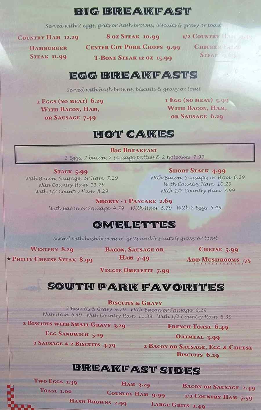 South Park Menu, Clarksville, AR