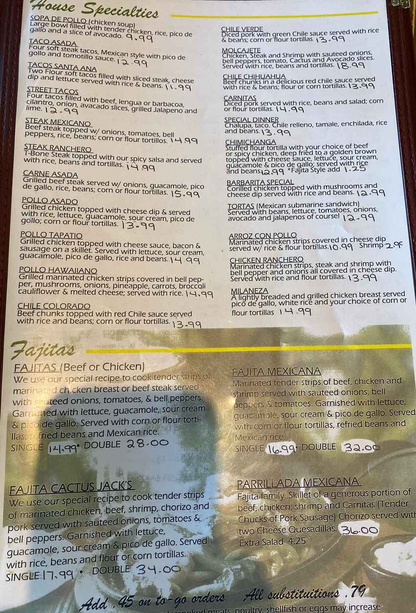 Cactus Jack's Mexican Menu, Conway, AR