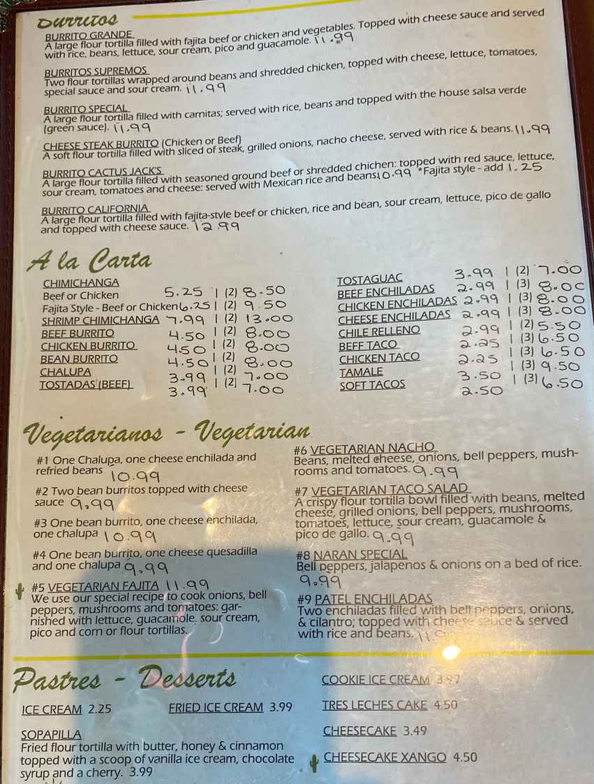 Cactus Jack's Mexican Menu, Conway, AR