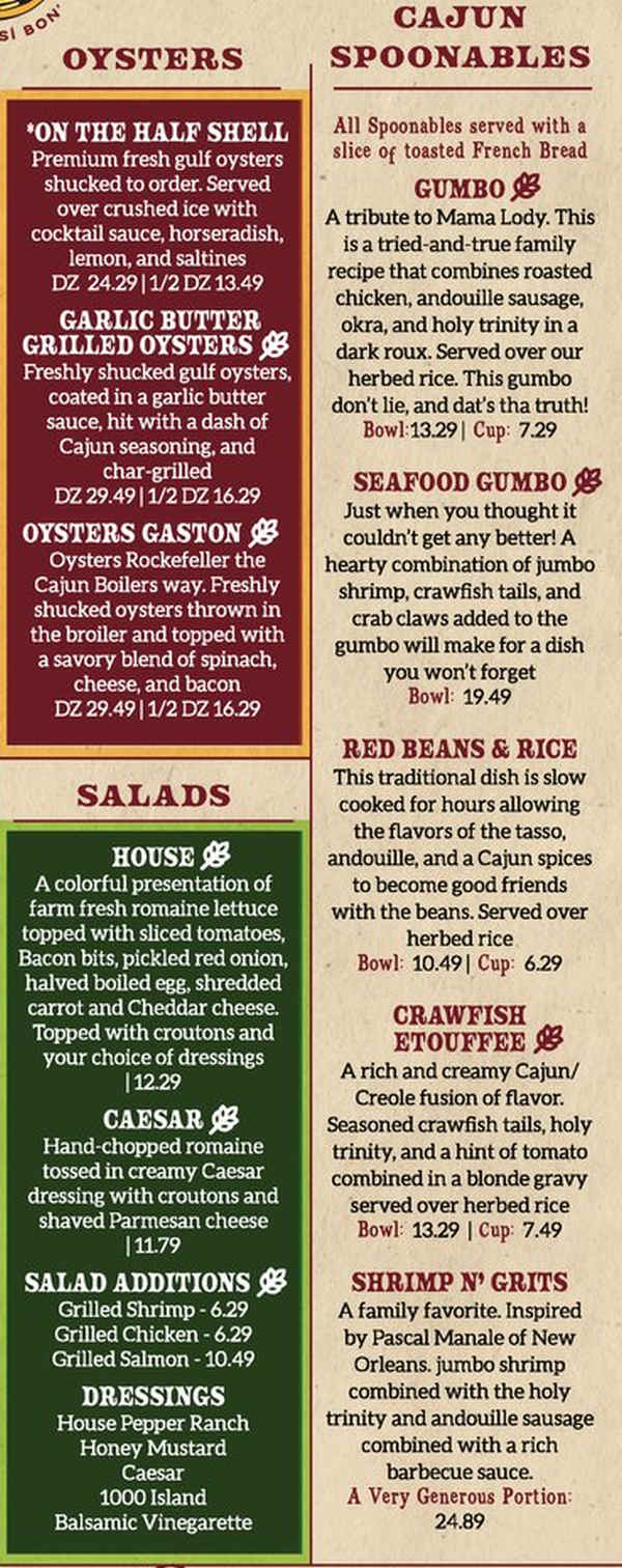 Cajun Boilers Menu, Hot Springs, AR