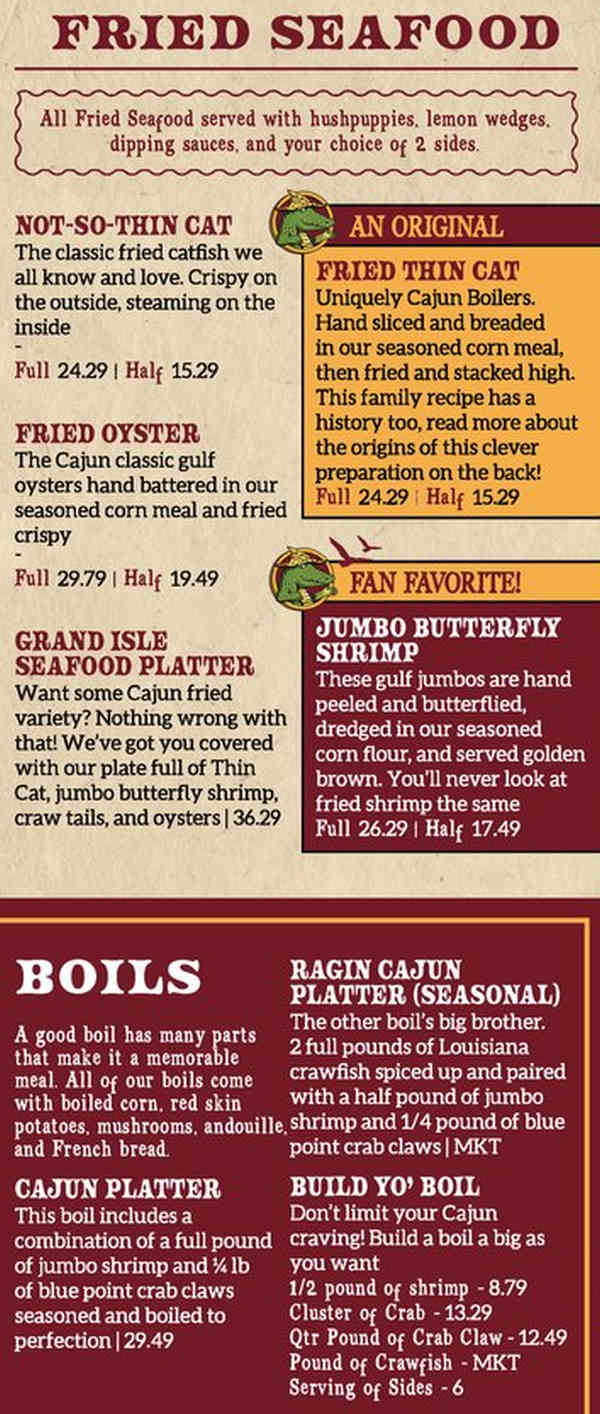 Cajun Boilers Menu, Hot Springs, AR