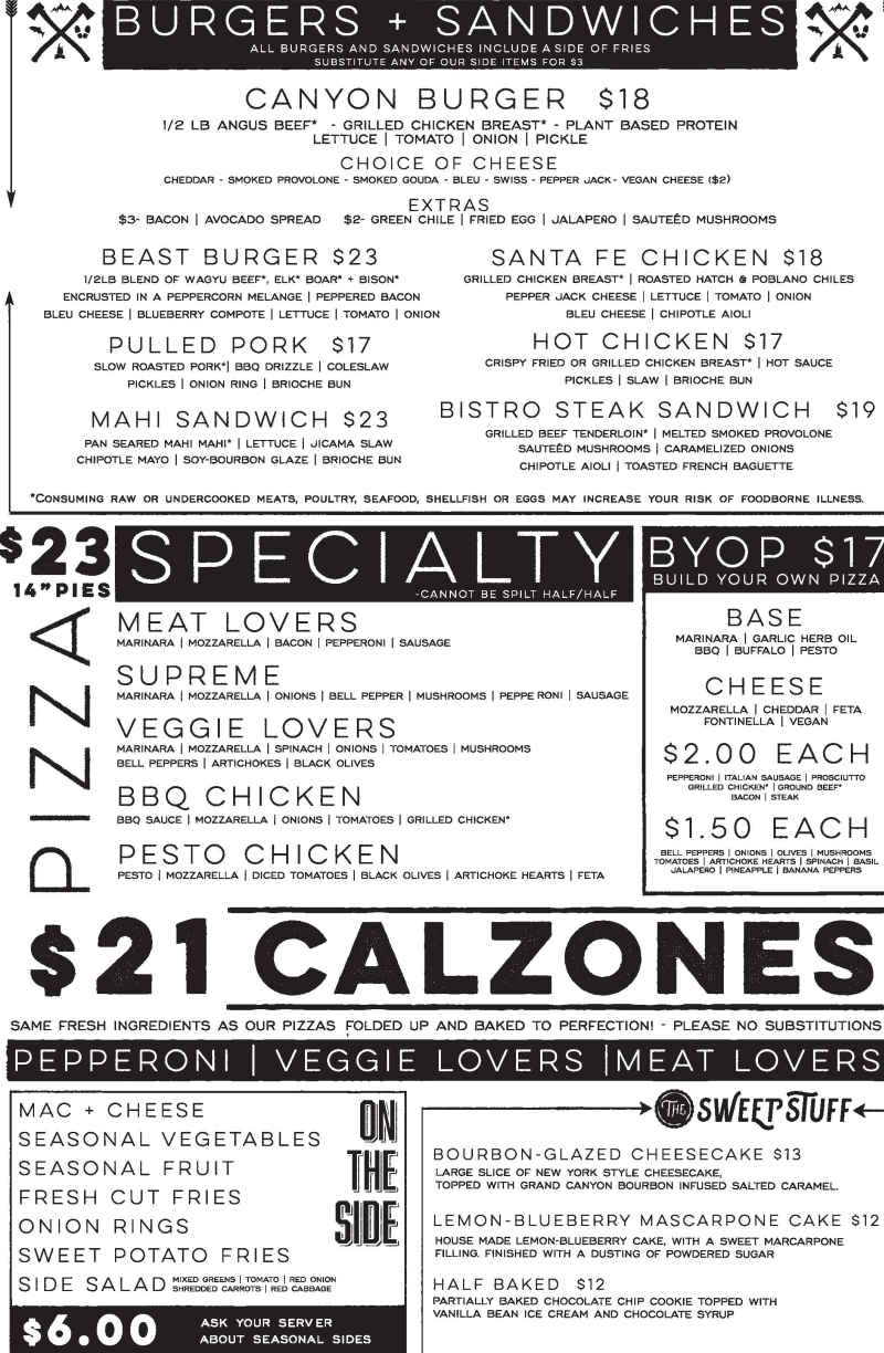 The Grand Canyon Brewing Menu, Kingman, AZ
