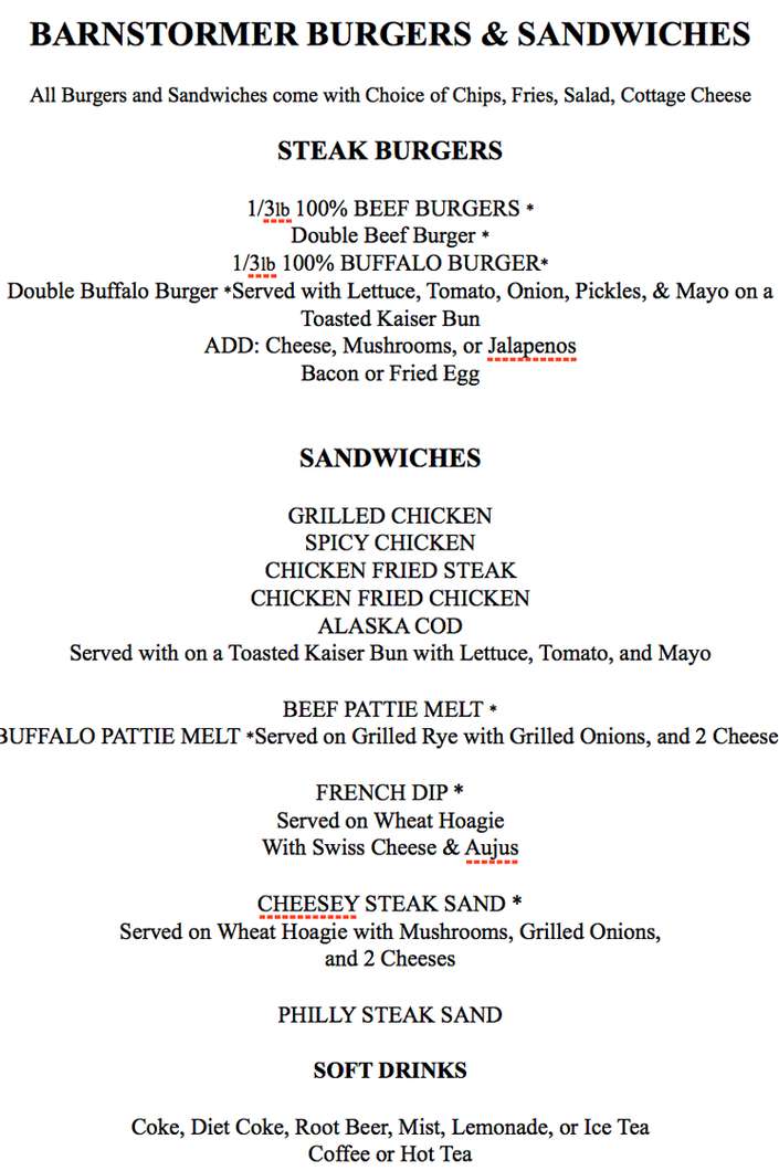 Barnstormer Restaurant Menu, Greeley, CO