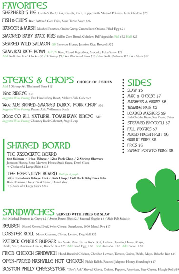 O'Neil's Tavern & Grill Menu, Steamboat Springs, CO