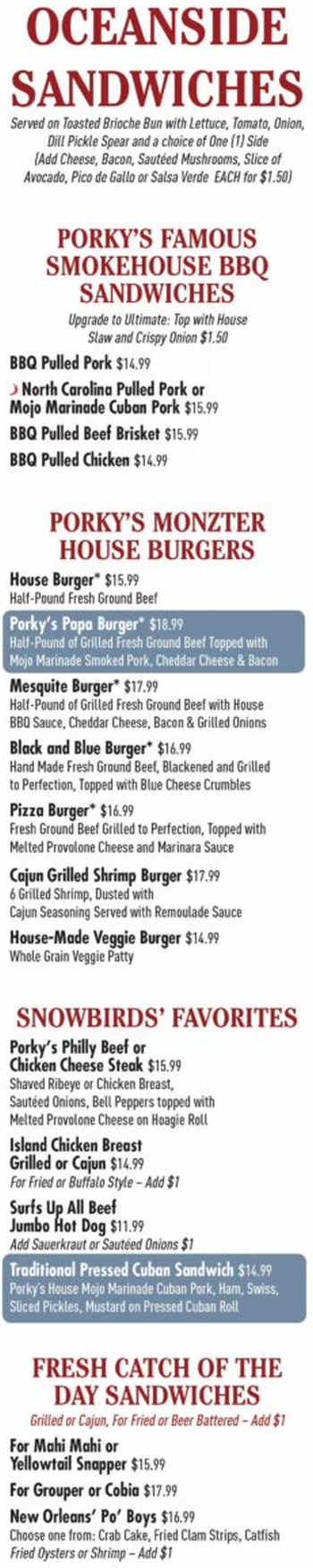 Porky's Bayside BBQ Menu, Marathon, FL