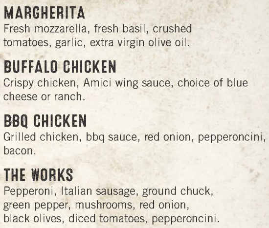 Amici at The Falls Menu, Athens, GA