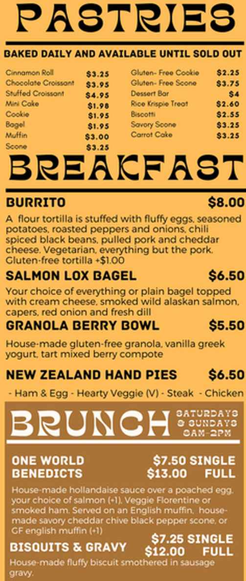 One World Cafe Menu