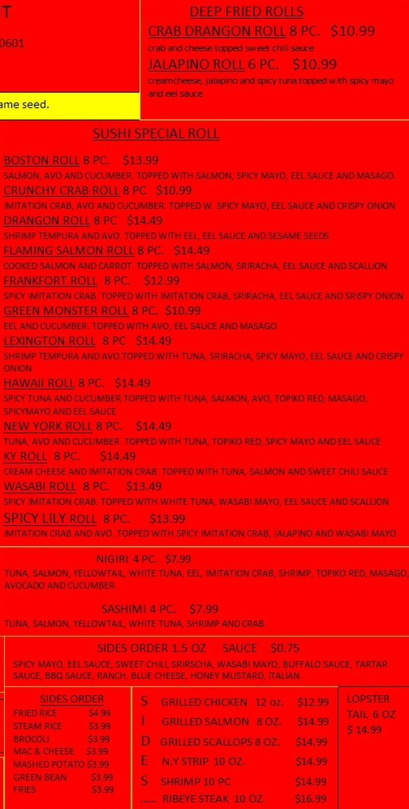 Fusion Restaurant Menu, Frankfort, KY