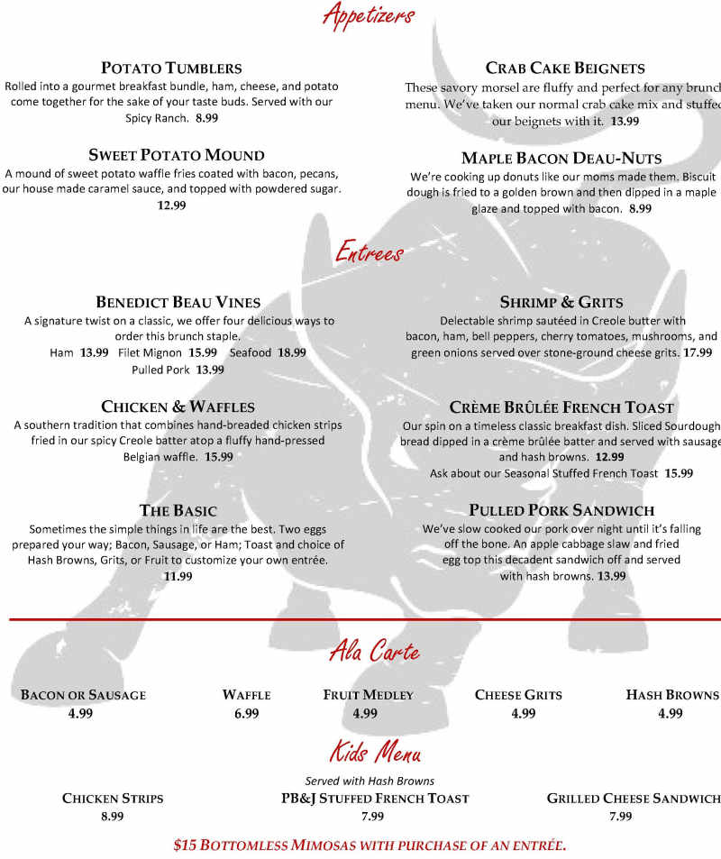 Beau Vines Steakhouse Menu, Ruston, LA