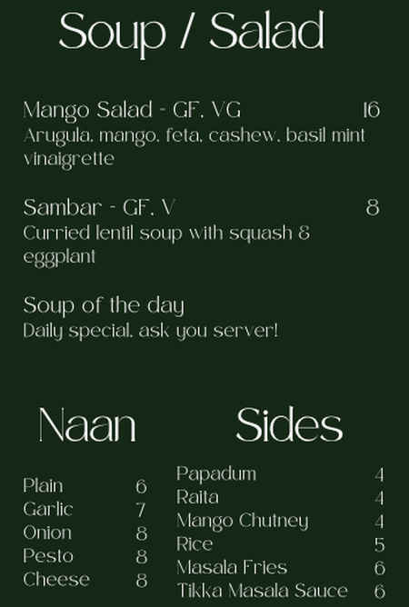 Indra Indian Fusion Menu, Lenox, MA