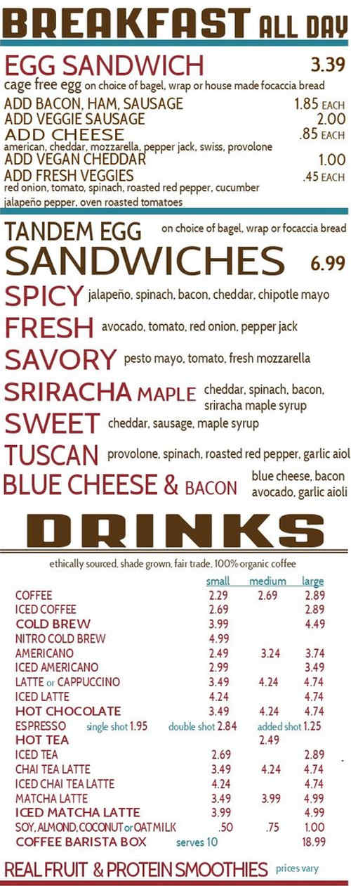 Tandem Bagel Company Menu, Northampton, MA