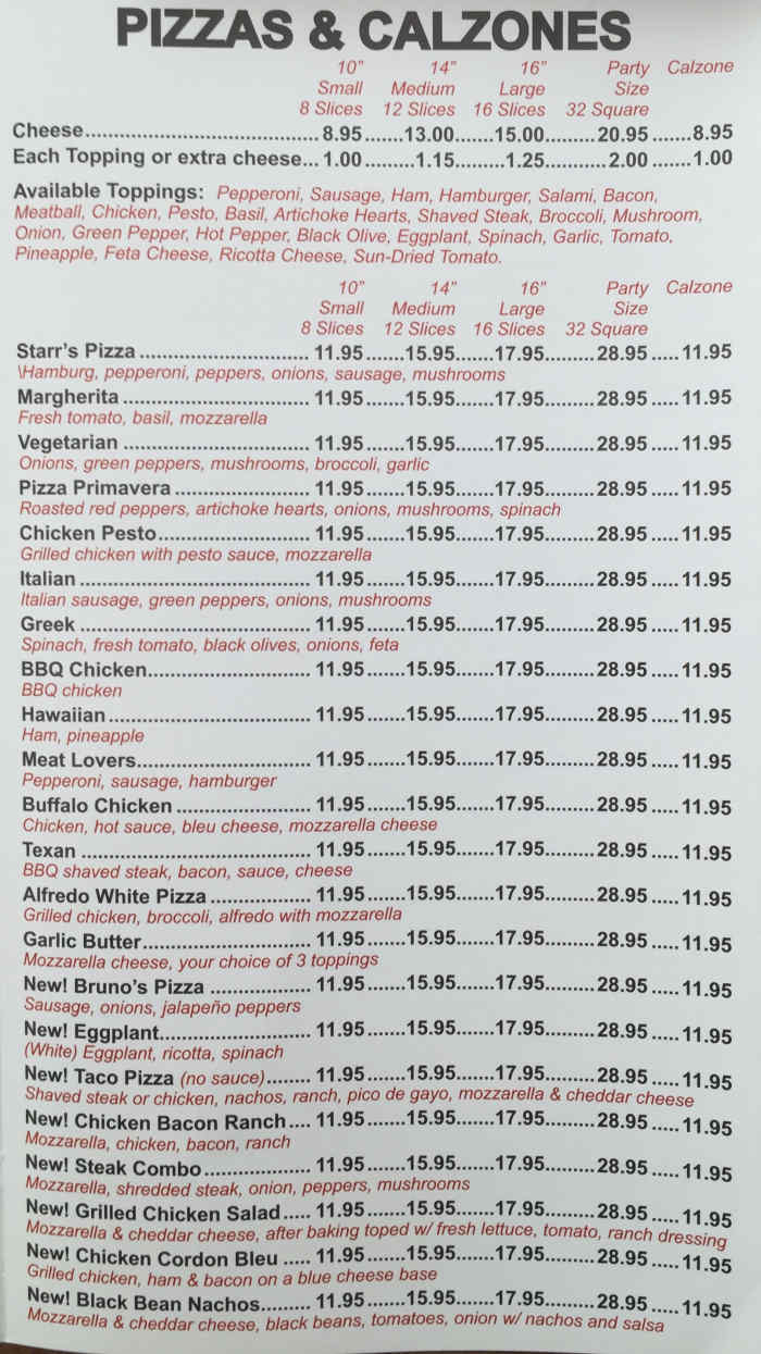 Starr's Pizza Menu, Florence, MA