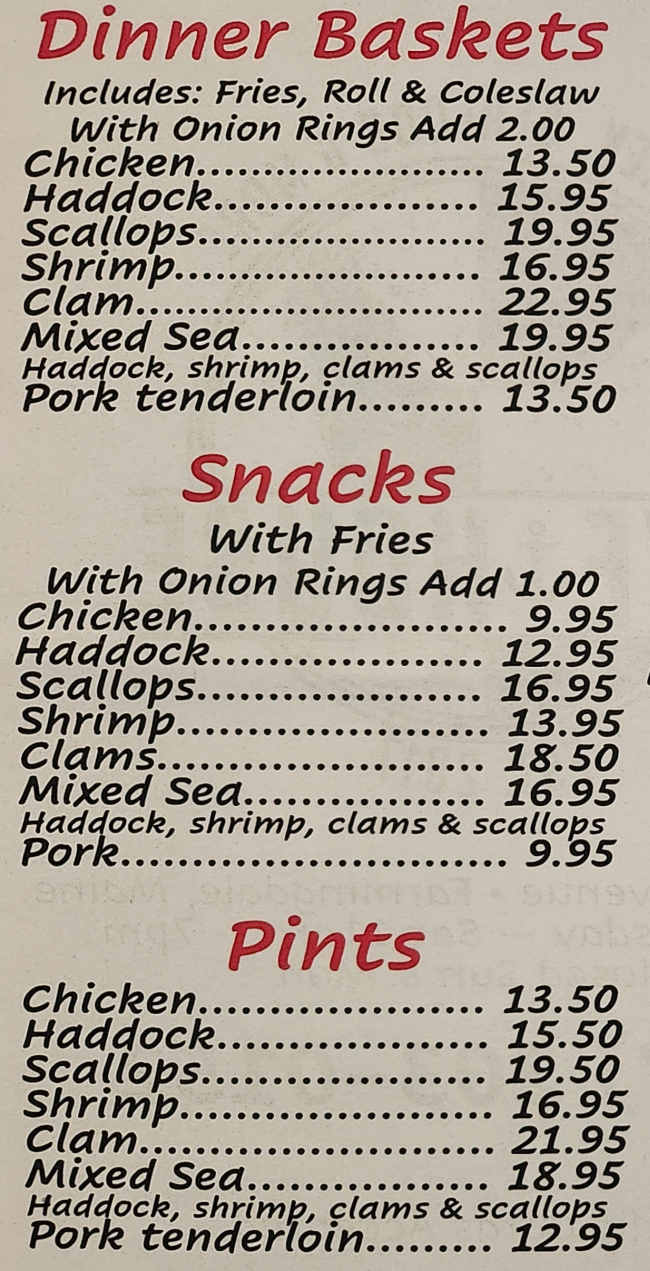 Frye House Menu, Farmingdale, ME