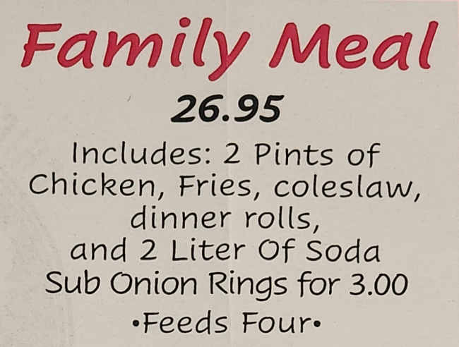 Frye House Menu, Farmingdale, ME