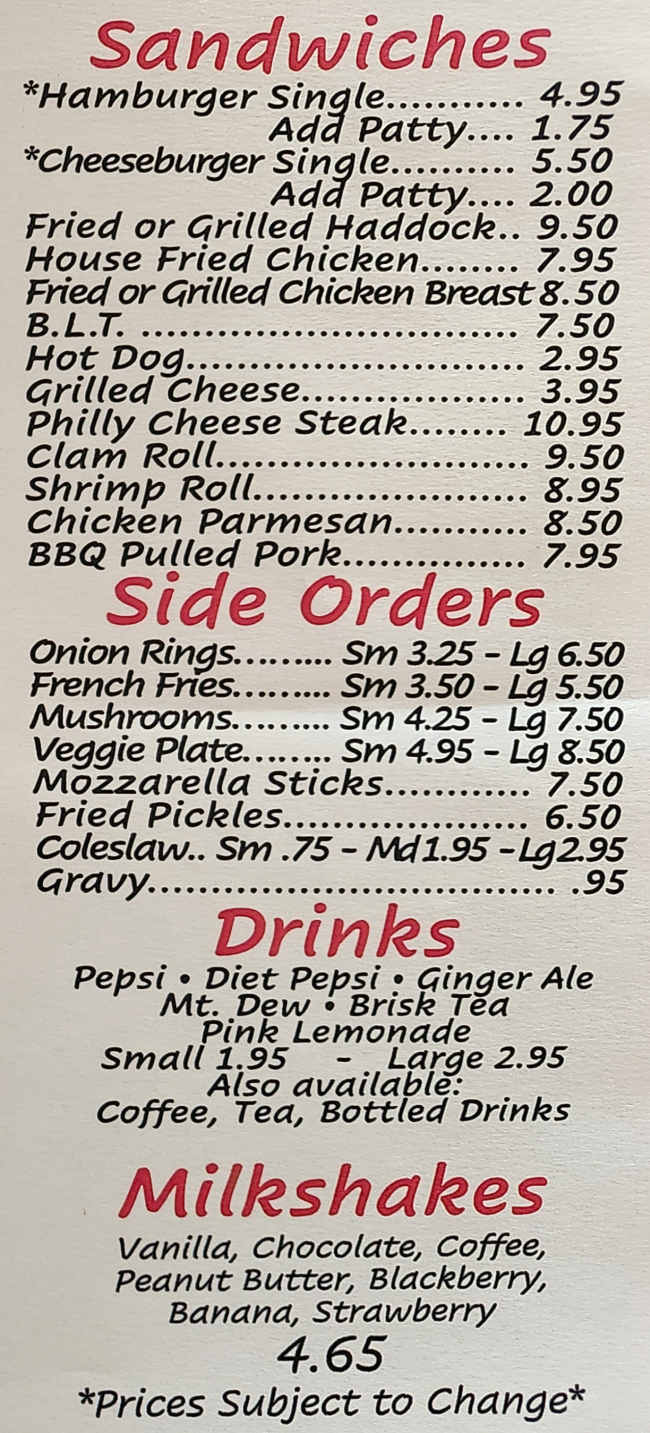 Frye House Menu, Farmingdale, ME