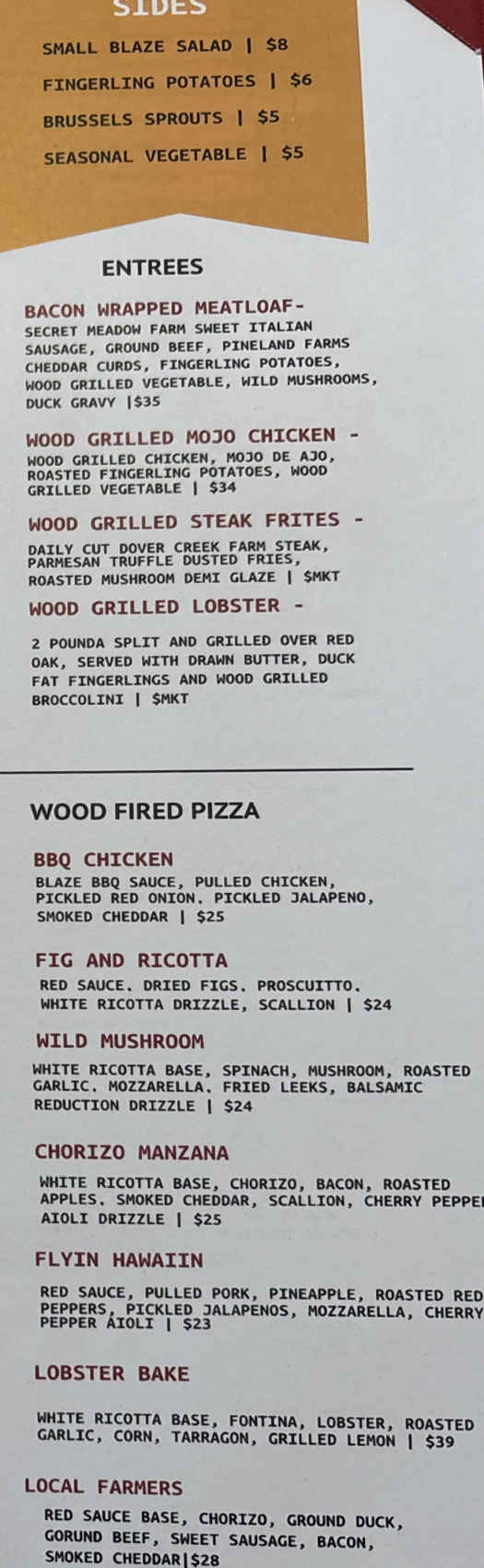 Blaze Menu, Bar Harbor, ME