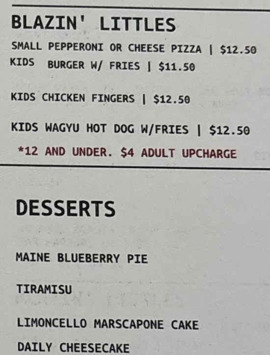 Blaze Menu, Bar Harbor, ME