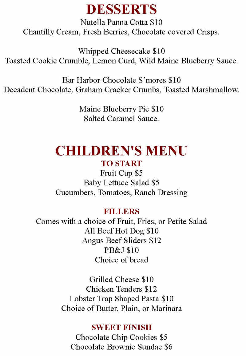 Reading Room Menu, Bar Harbor, ME