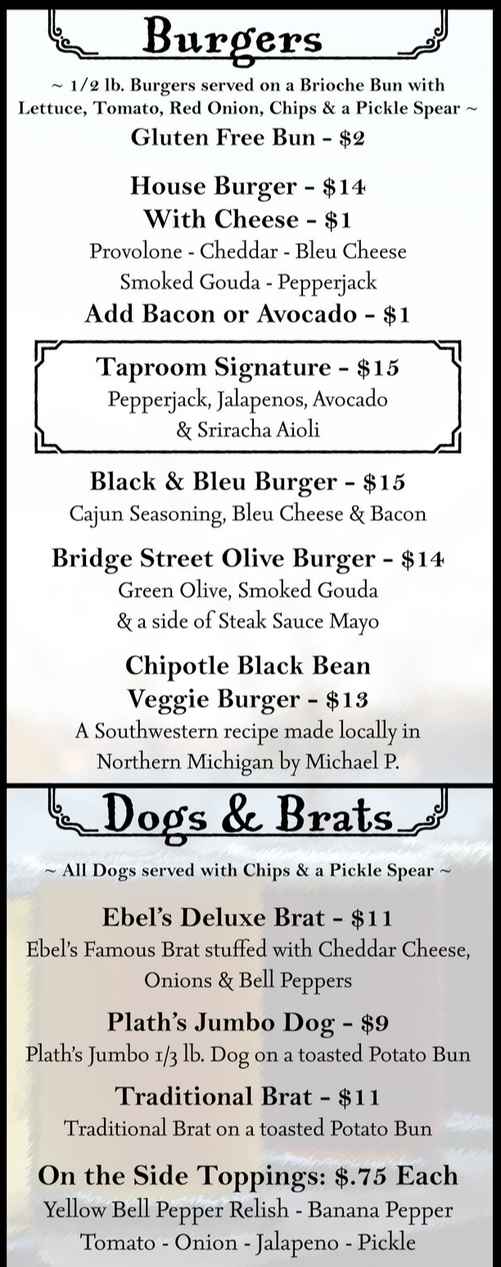 Bridge Street Tap Room Menu, Charlevoix, MI