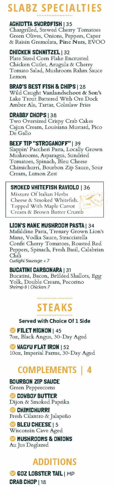 Slabz Bar & Grill Menu, Marquette, MI