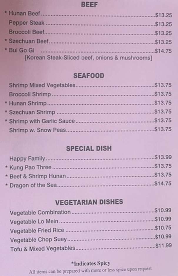 K S Oriental Food Menu