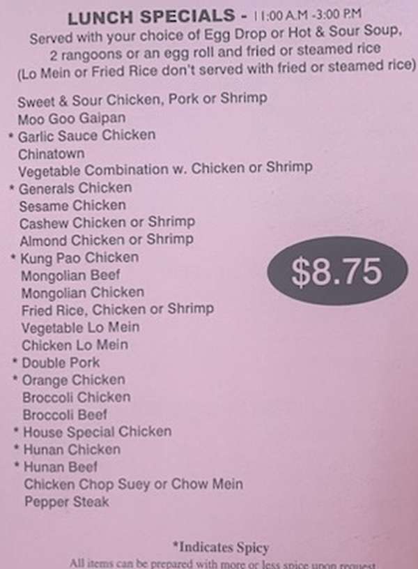 K S Oriental Food Menu