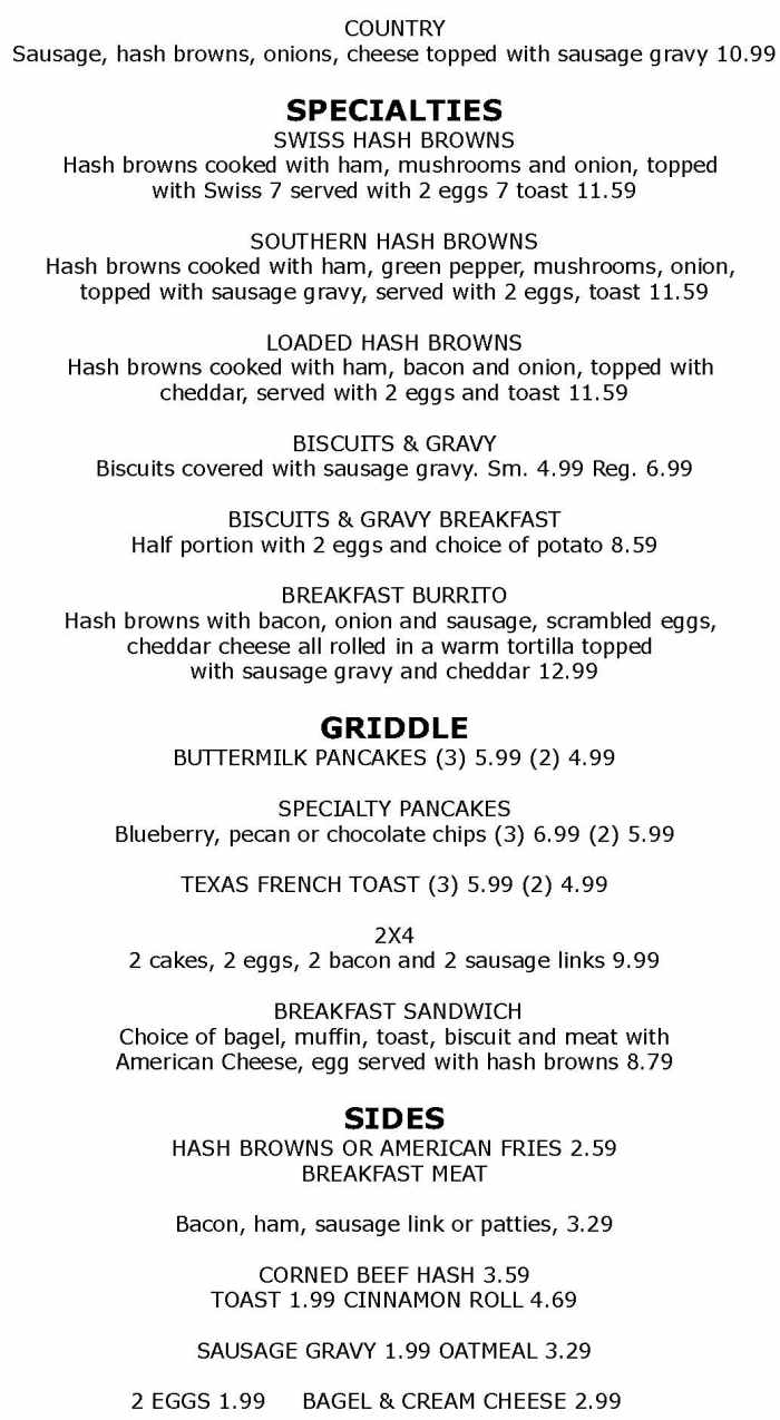 The Diner Menu, Mt Pleasant, MI