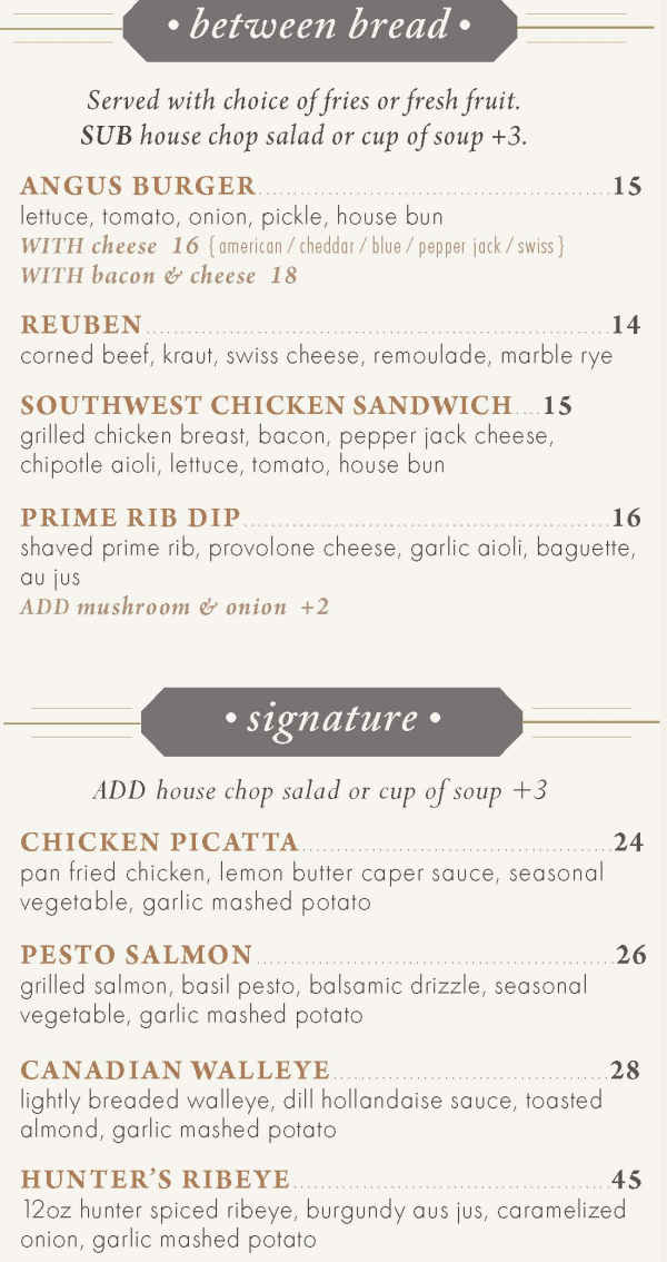 Minervas Restaurant Menu, Traverse City, MI