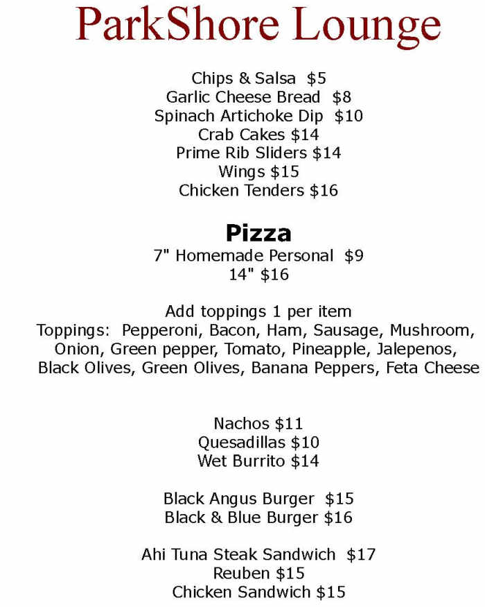 ParkShore Lounge Menu, Traverse City, MI