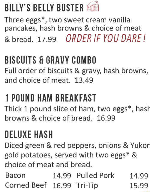 Billy Gail's Menu, Branson, MO