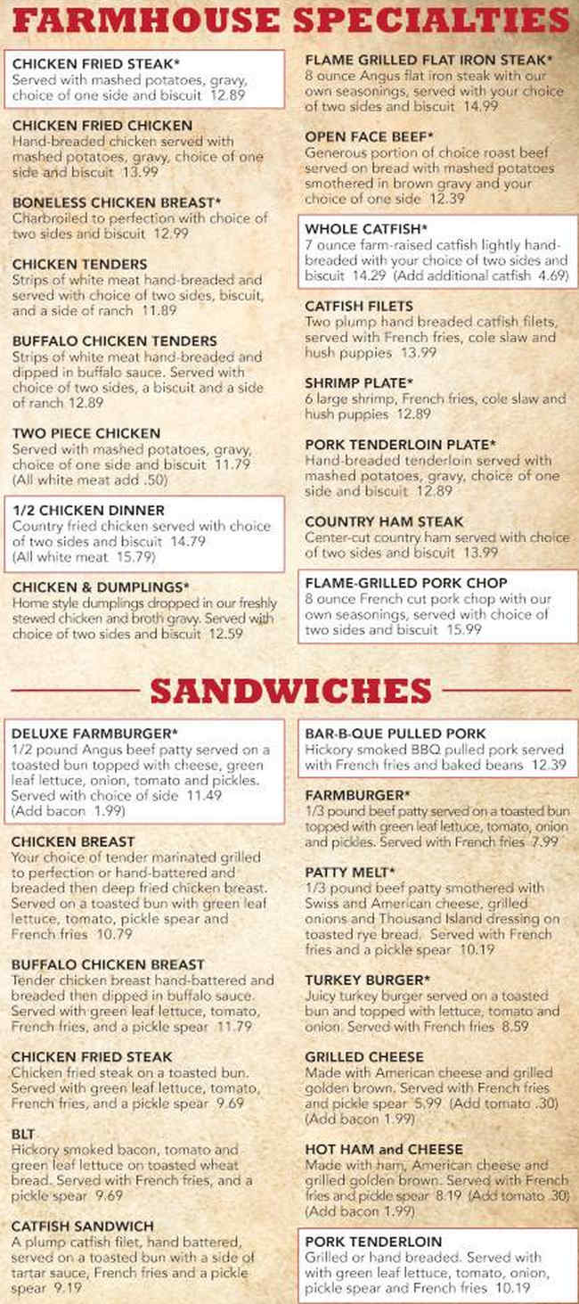 Farmhouse Restaurant Menu, Branson, MO