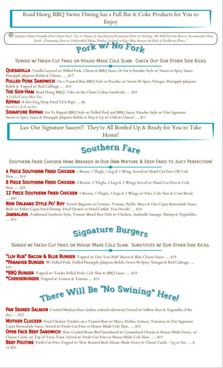 Road Hawg BBQ Menu, Gorham, NH
