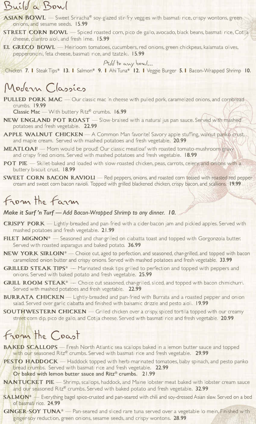 The Common Man Restaurant Menu, Claremont, NH