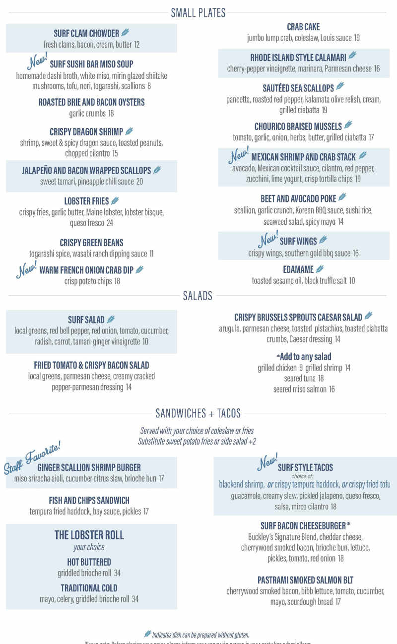 Surf Seafood Menu, Derry, NH