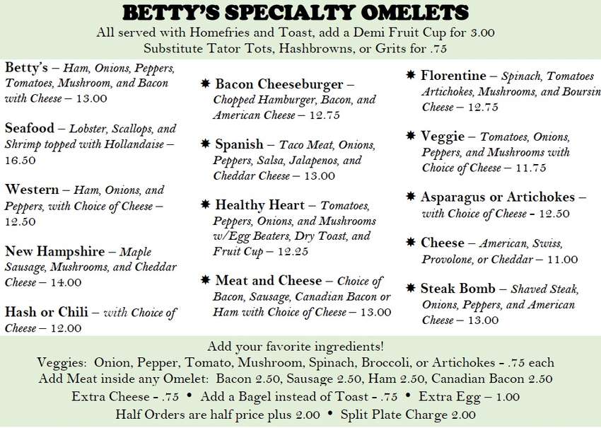 Betty's Kitchen Menu, North Hampton, NH