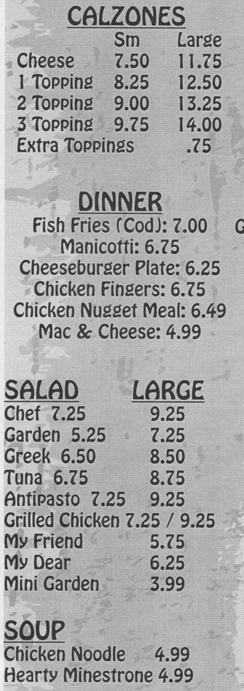 Pizza Down Under Menu, Keene, NH