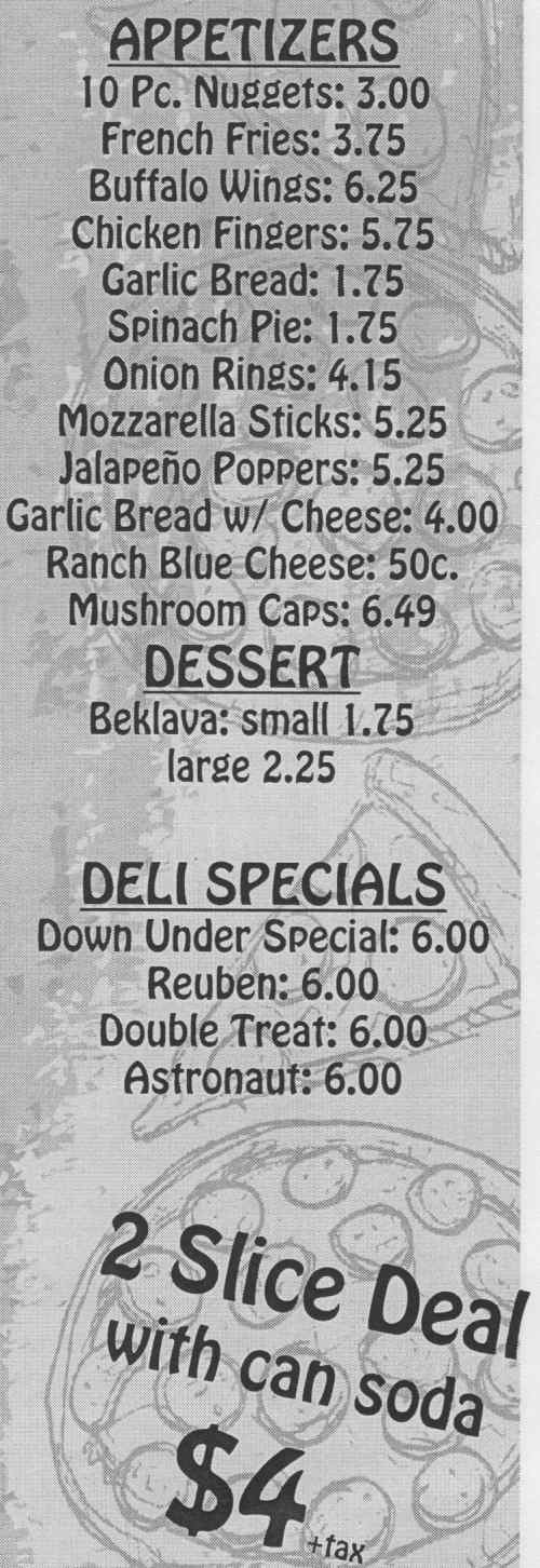 Pizza Down Under Menu, Keene, NH
