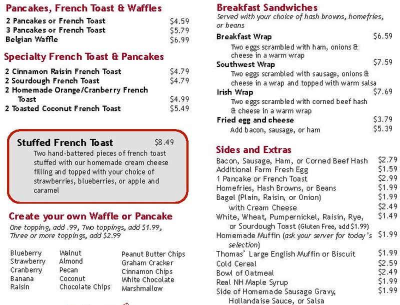 The Union Diner Menu, Laconia, NH