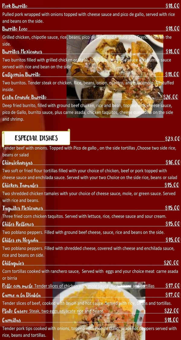 Costa Grande Menu, 360 Grant Ave Auburn, NY