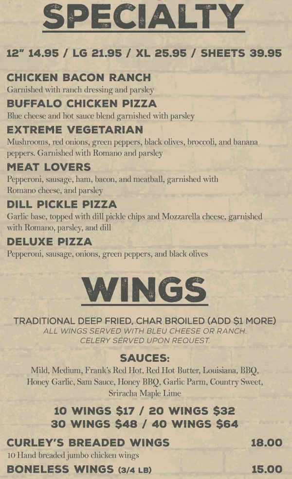 Curley's Menu, Auburn, NY