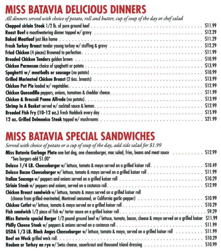 Miss Batavia Diner Menu, Batavia, NY