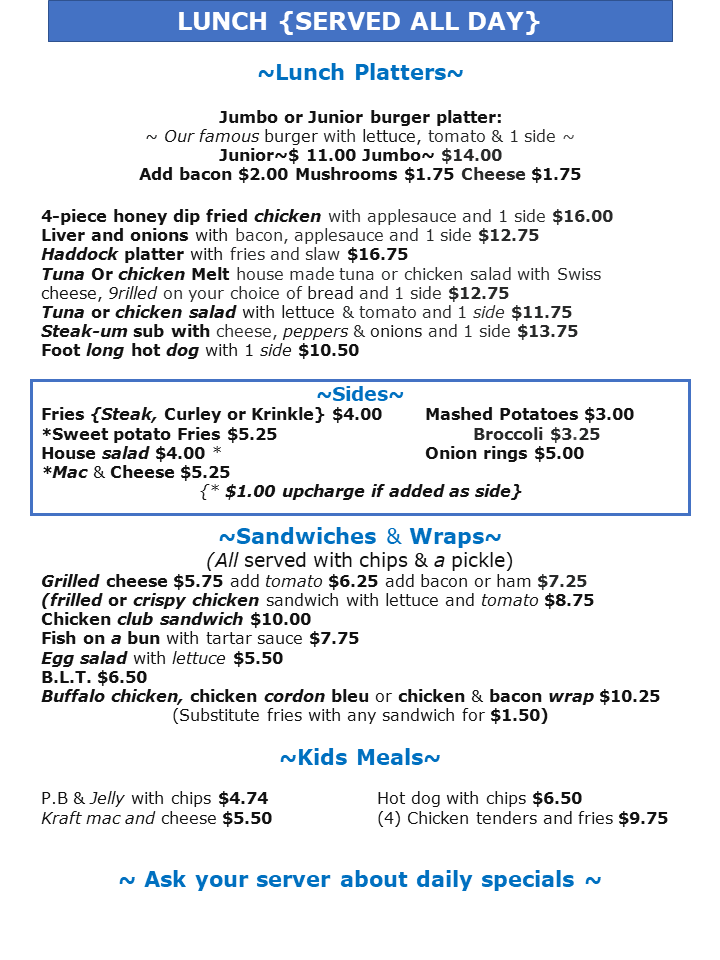 Cooperstown Diner Menu, Cooperstown, NY