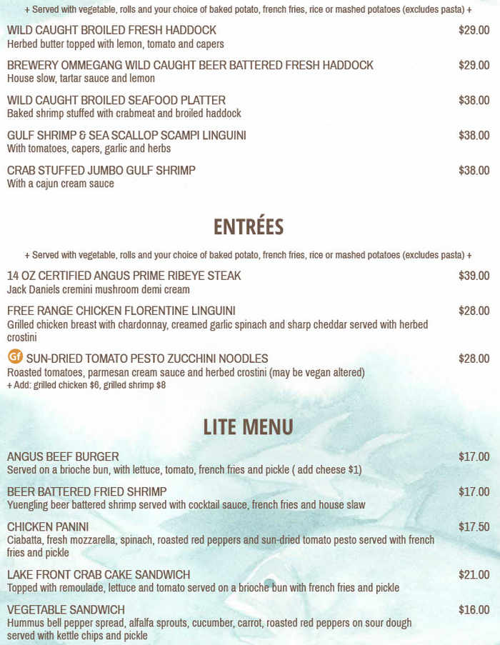 Lake Front Restaurant Menu, Cooperstown, NY