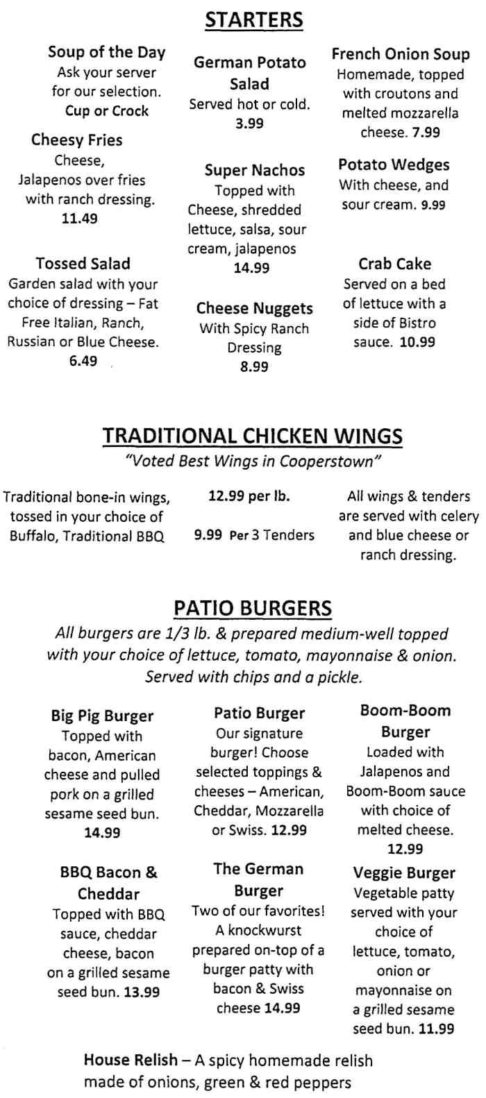 Pioneer Patio Menu, Cooperstown, NY