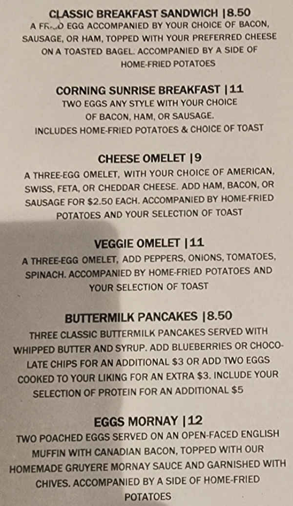 Grill 1-2-5 Menu, Corning, NY