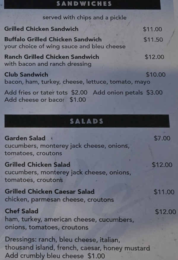 Del's Bar & Grill Menu, Painted Post, NY