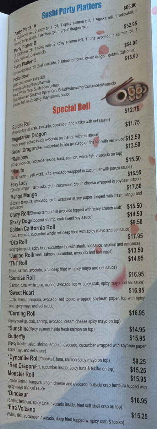 Oka Asian Food Menu, Corning, NY