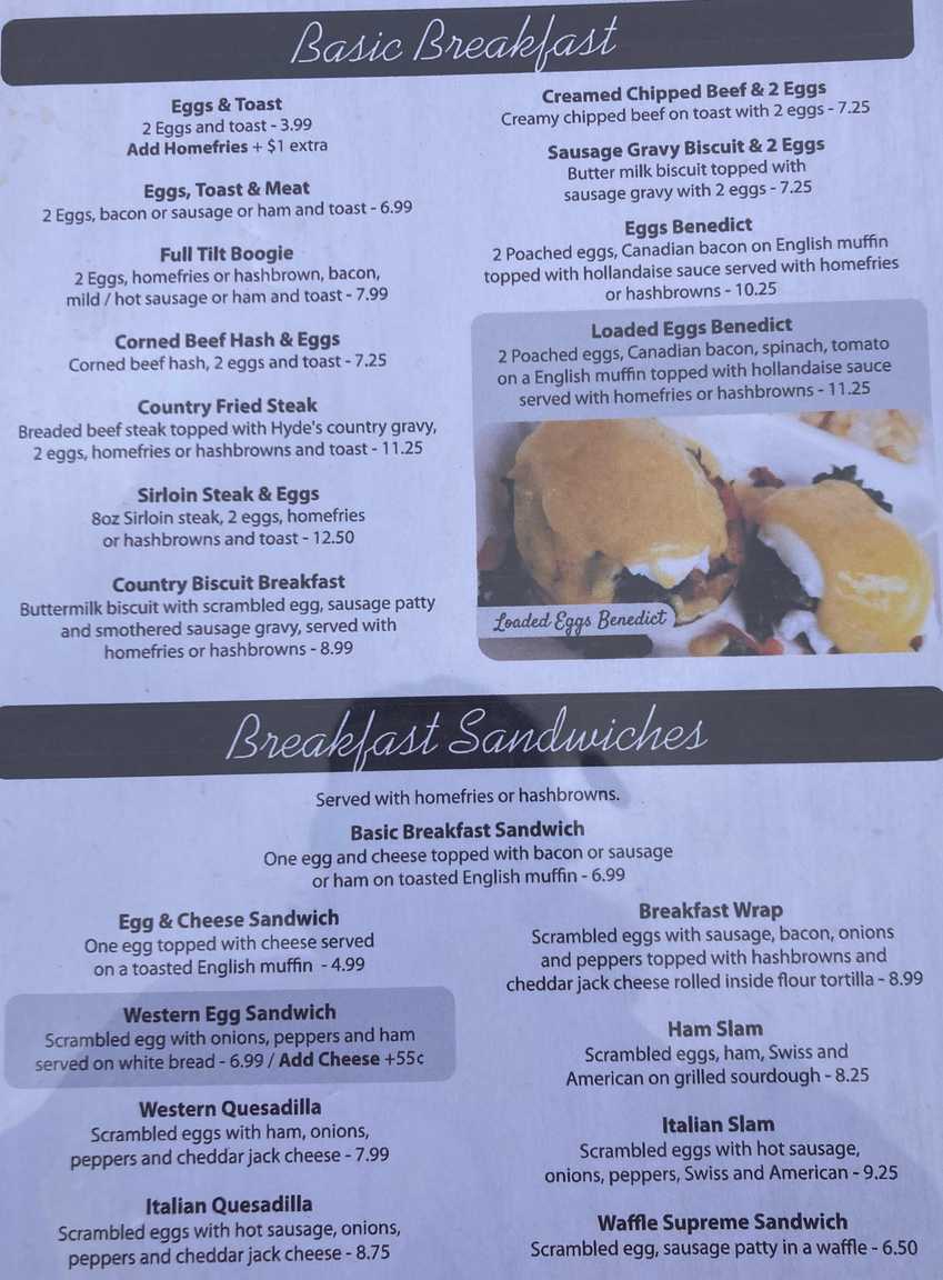 Hyde's Diner Menu, Cortland, NY 13045